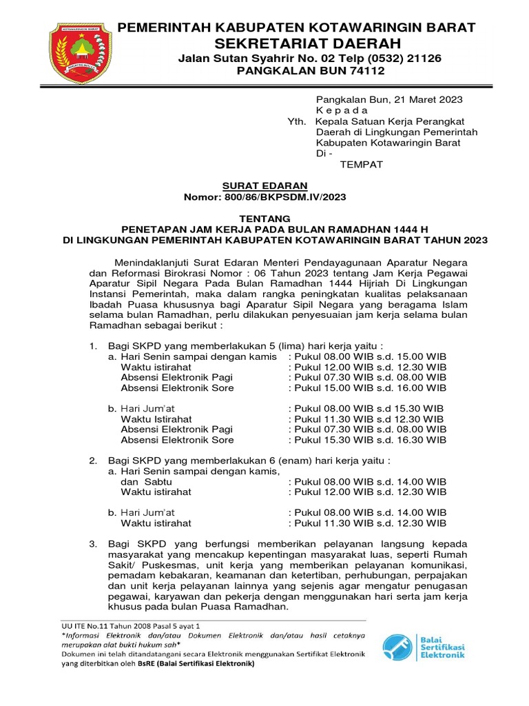 SE - PENETAPAN JAM KERJA RAMADHAN 1444 H - Signed | PDF