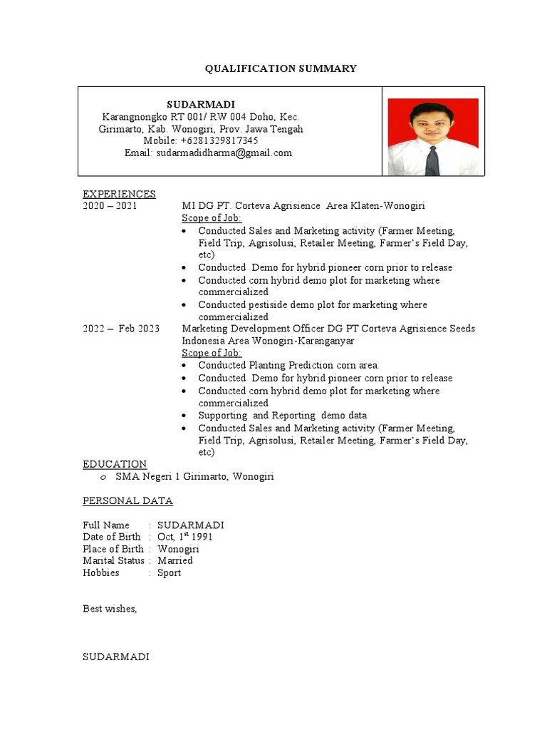 Qualification Summary Sudarmadi 2023 | PDF