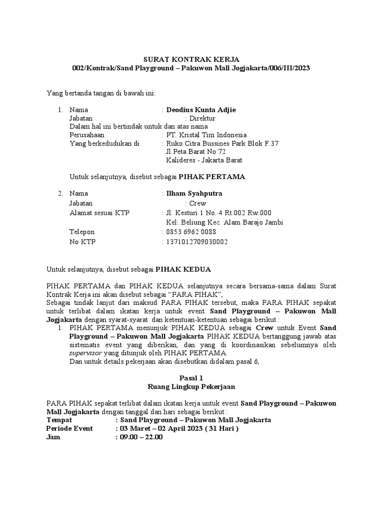 002. Surat Kontrak - ilham- Jogja.docx | PDF