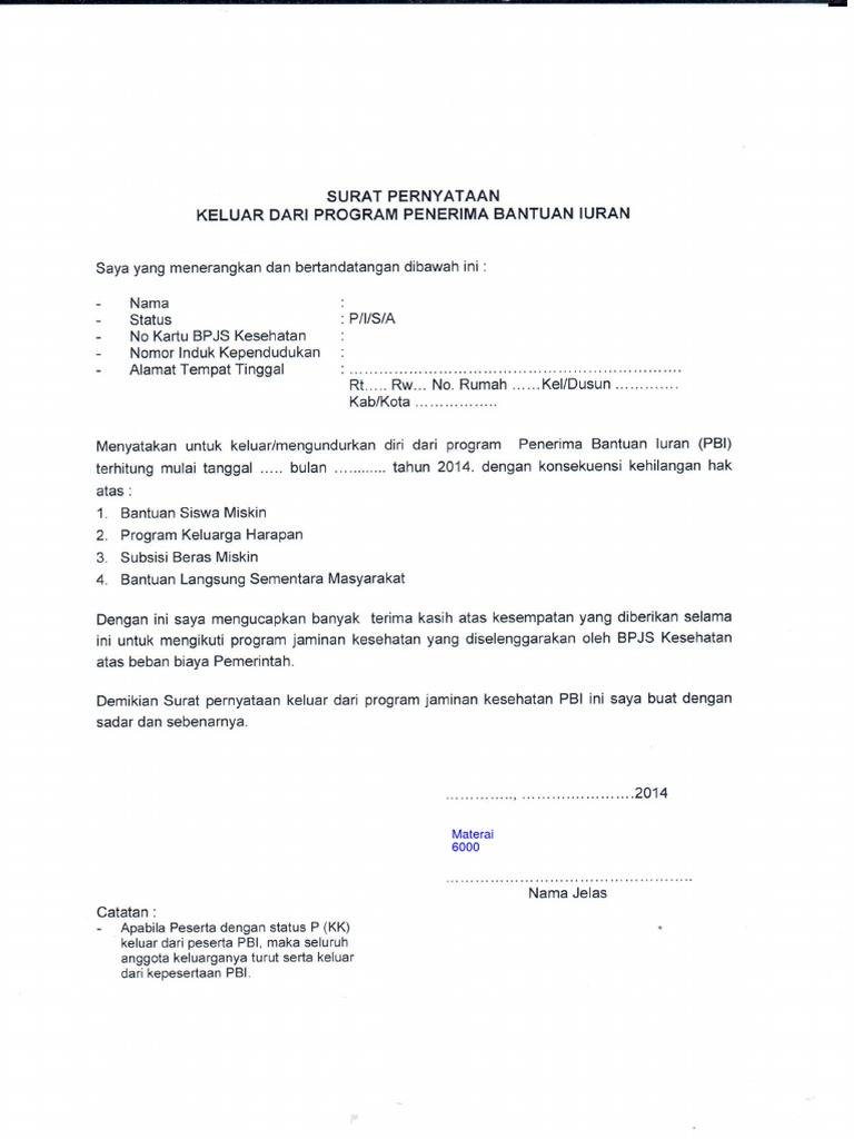 Surat Pernyataan Keluar Dari Program PBI APBN PDF | PDF