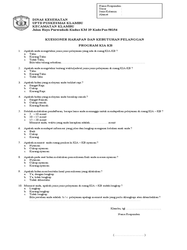 KUESIONER PENGHARAPAN DAN KEBUTUHAN PELANGGAN PROGRAM KIA KB | PDF