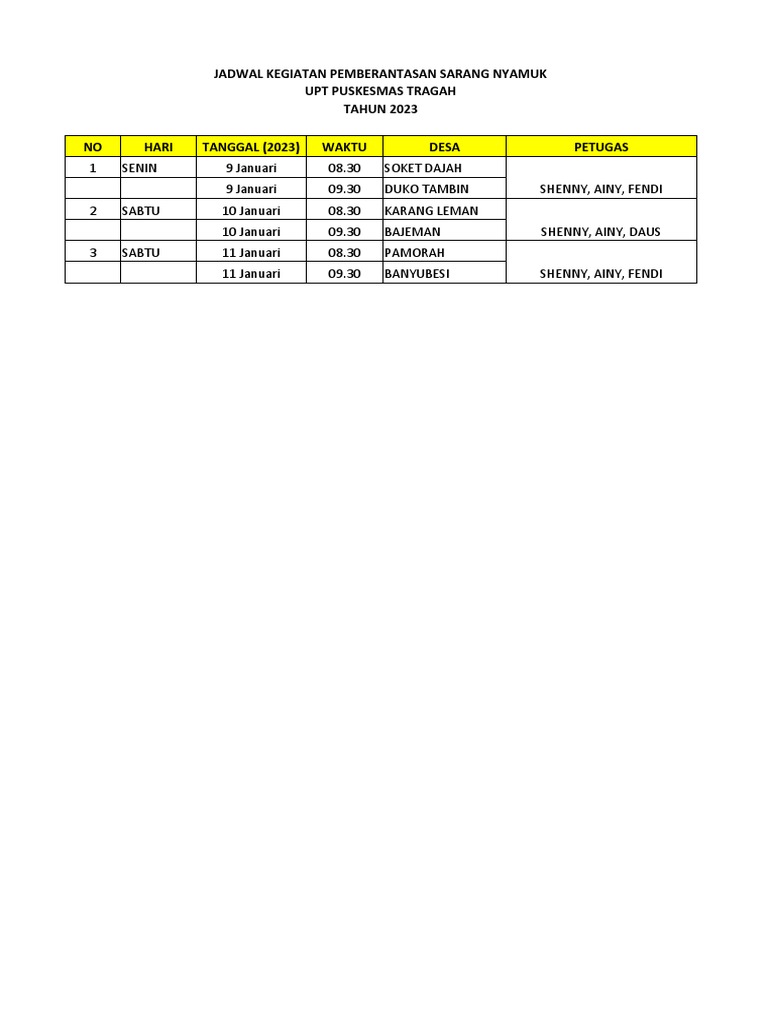 Jadwal Sosialisasi DBD | PDF