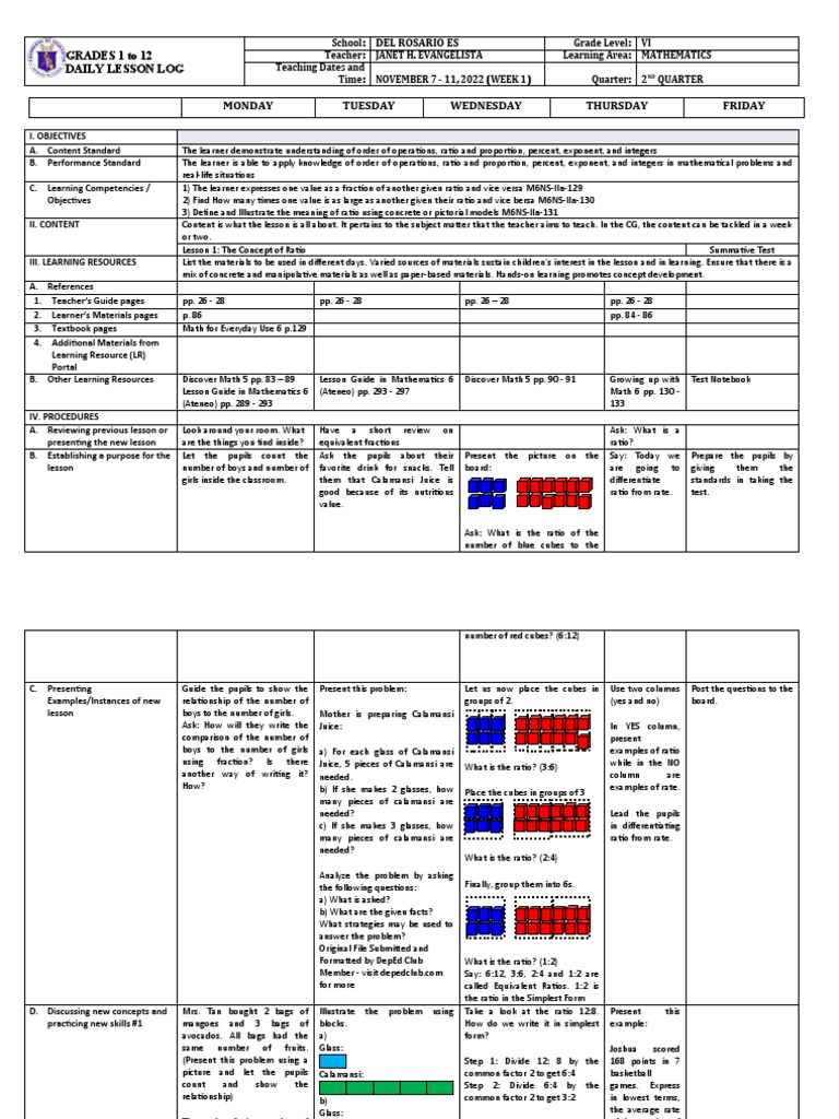 DLL - Math 6 - Q2 - W1 | PDF | Ratio | Learning