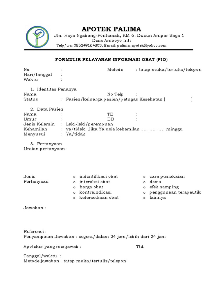 Formulir Pelayanan Informasi Obat Pdf