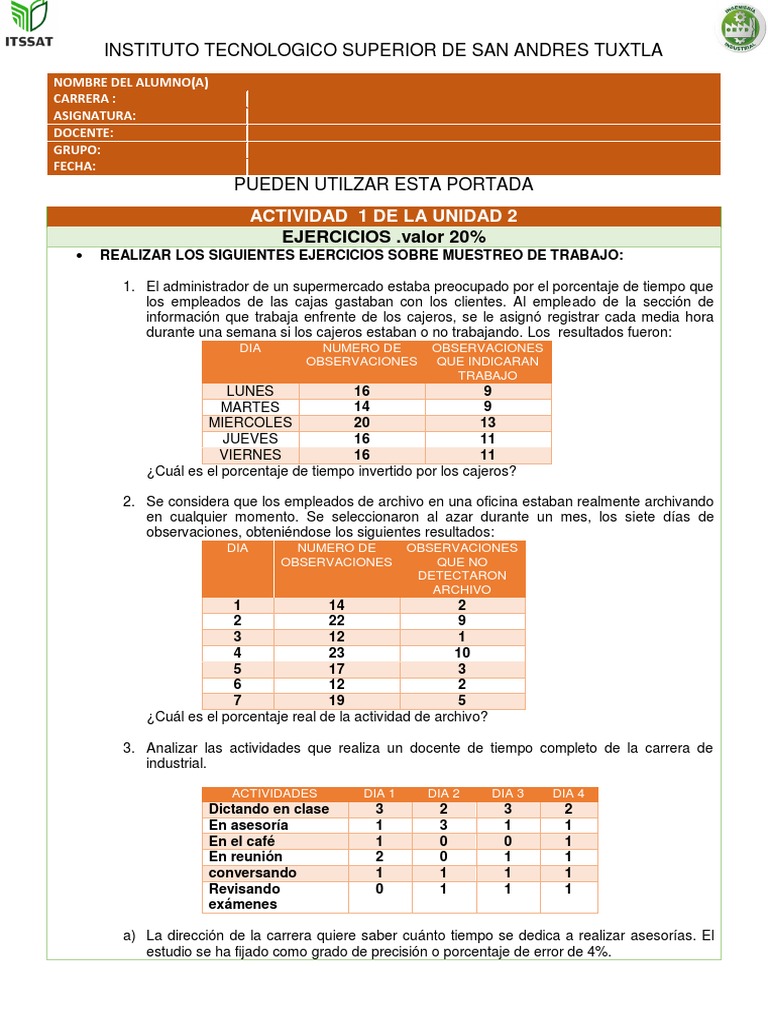 Actividad 1 Ejercicios Muestreo de Trabajo | PDF