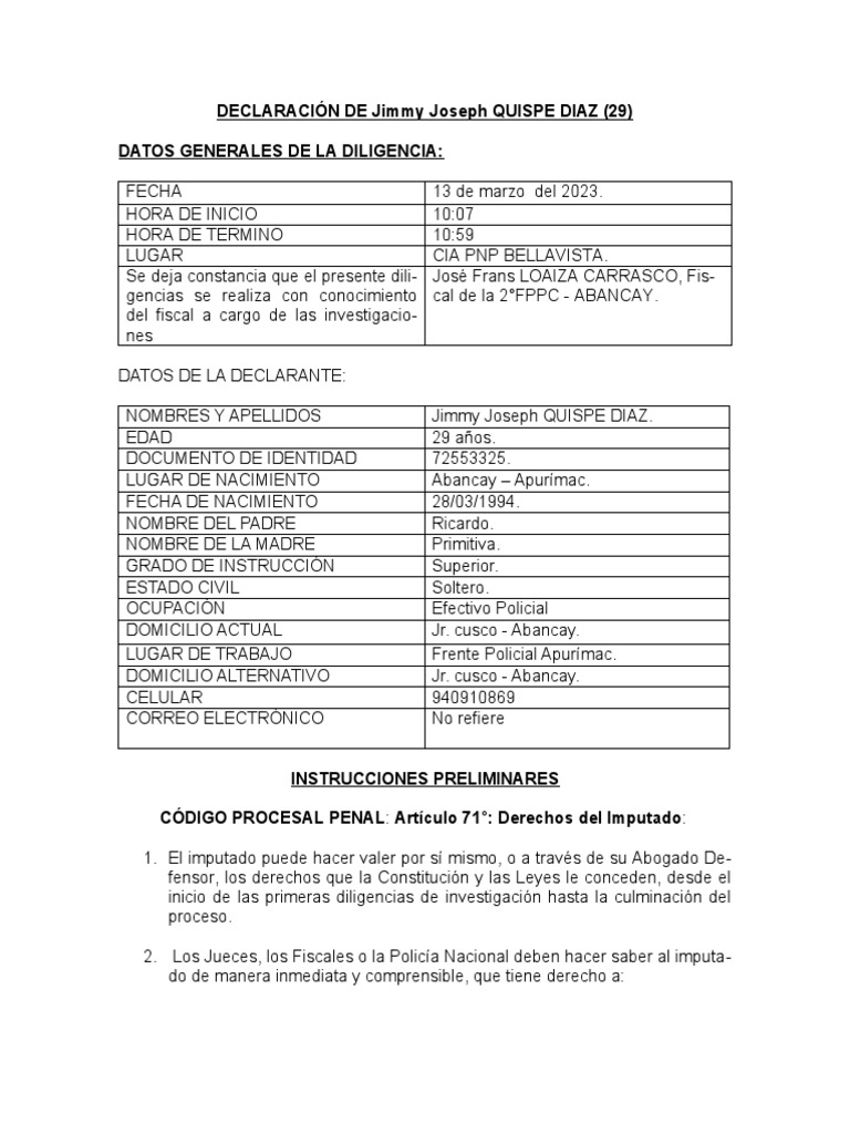 DECLARACIÓN DE Jimmy Joseph QUISPE DIAZ | PDF | Fiscal | Instituciones ...