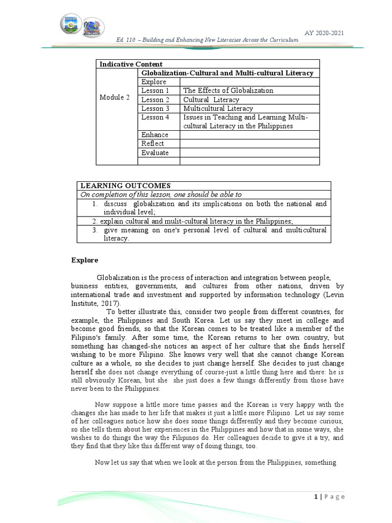 Module 2 Globalization Cultural and Multi Cultutal Literacy Rev | PDF | Literacy | Knowledge