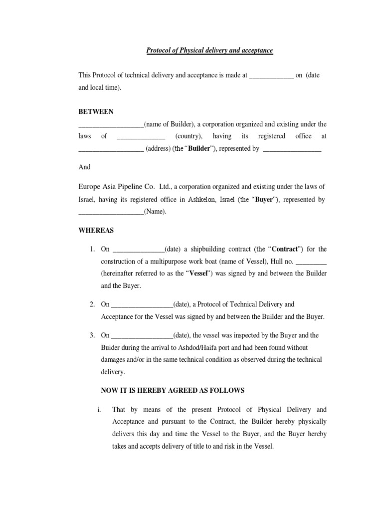 EAPC Workboat Protocol of Physical Delivery and Acceptance | PDF ...