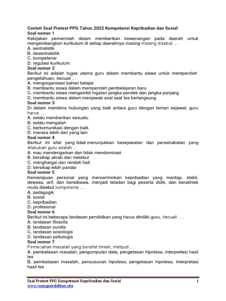 Contoh Soal Pretest PPG Tahun 2022 Kompetensi Kepribadian Dan Sosial ...