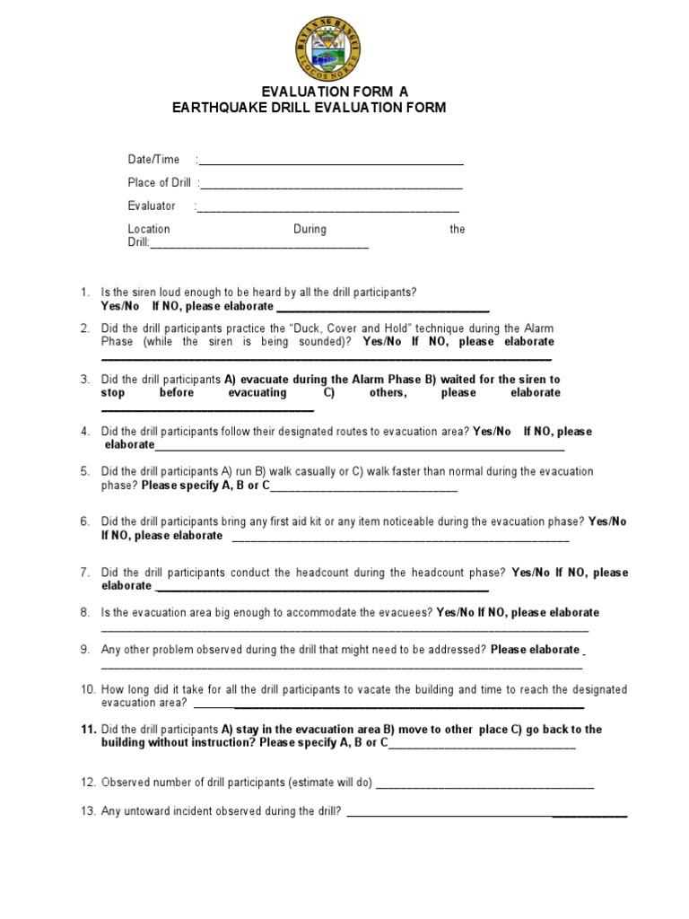 Evaluation Form Earthquake Drill | PDF | Emergency Evacuation | Safety
