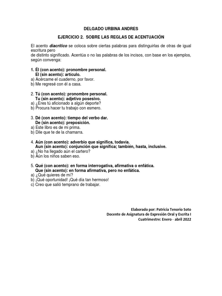 Reglas de Acentuación Acento Diacrítico | PDF