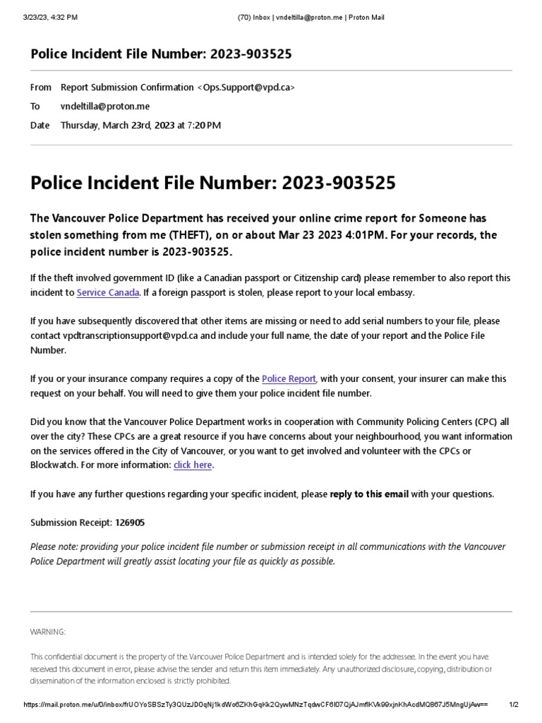 Vancouver Police Department Confirmation of Theft Report and Incident ...
