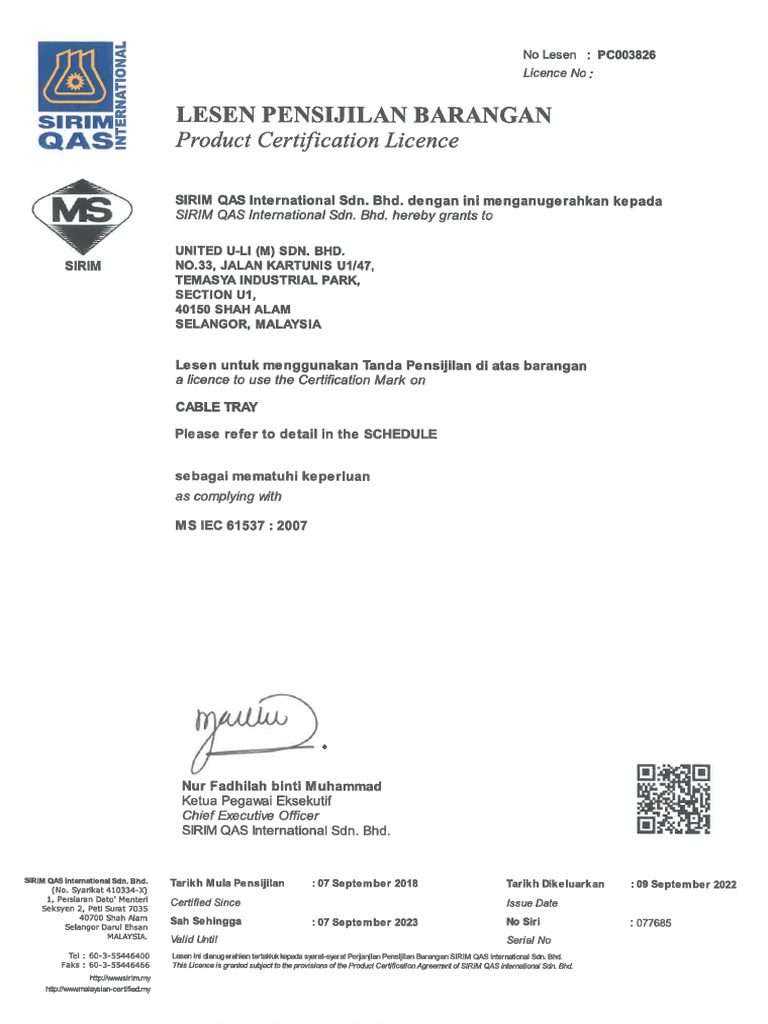 3.6 Sirim Tray (TU, TC & TR) MS IEC 61537 Certificate | PDF