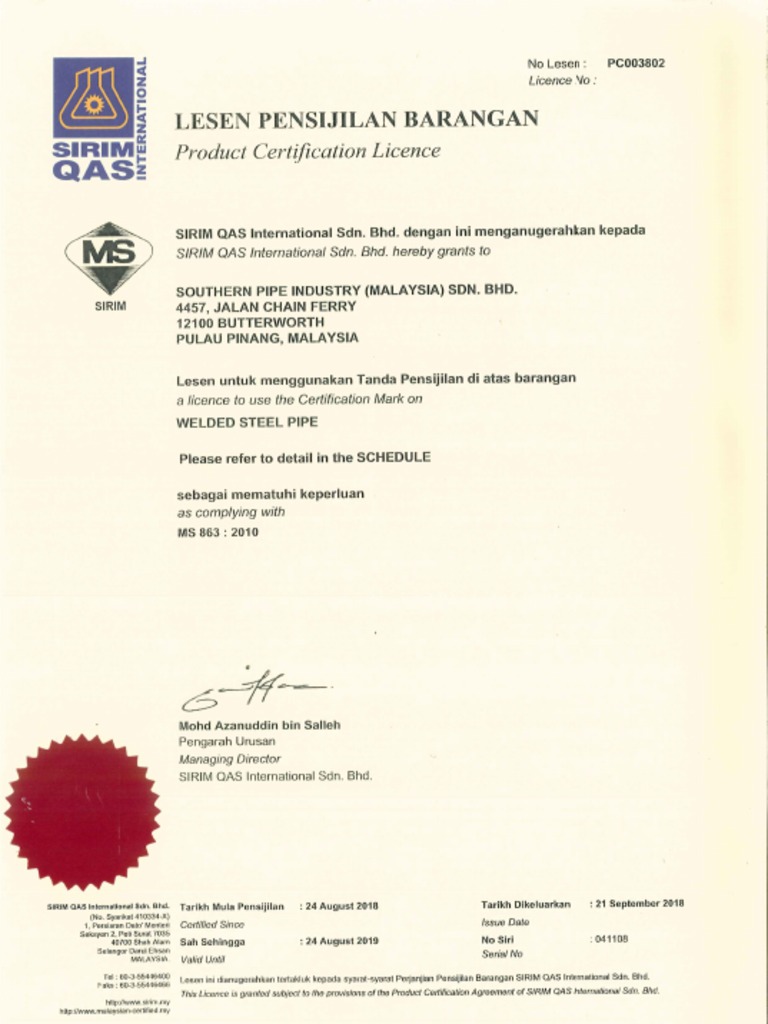 4.4 Sirim Cert Welded Steel Pipe SOUTHERN PDF | PDF