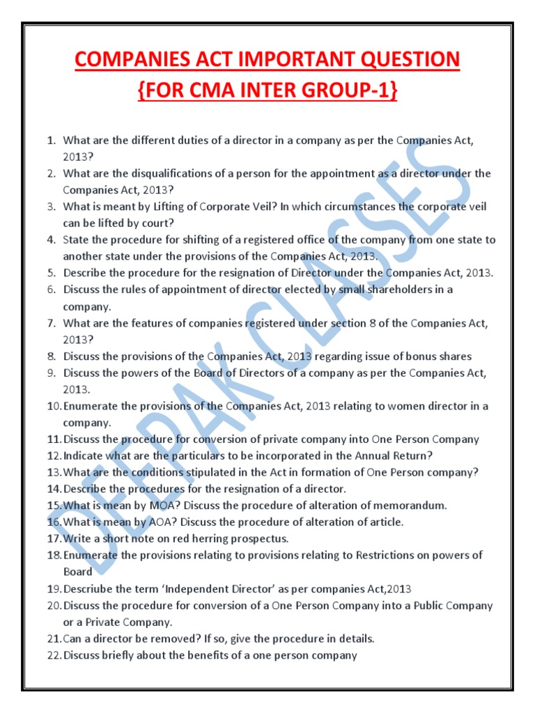 Impt Ques Companies Act Cma Inter Law | PDF