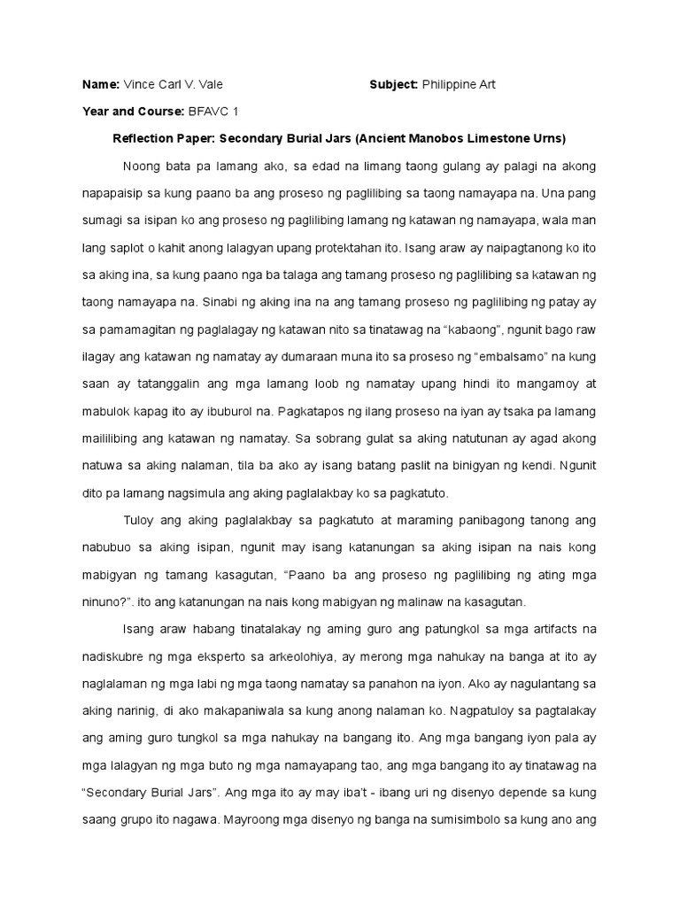 Reflection Paper - Secondary Burial Jars (Ancient Manobos Limestone ...