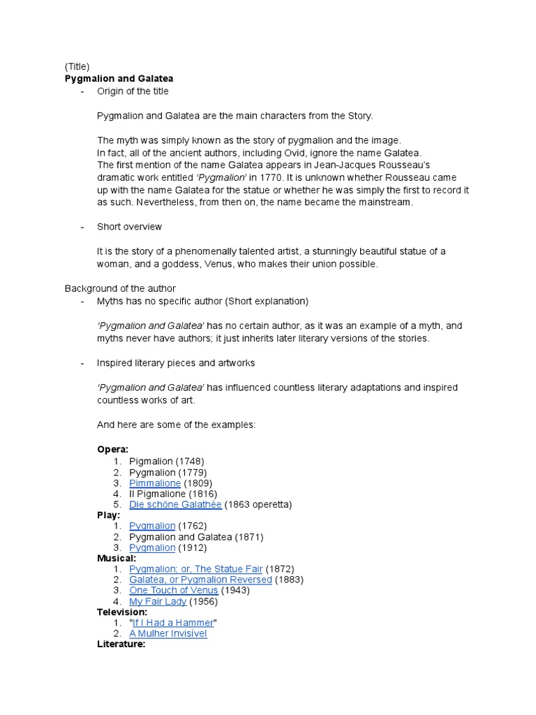 Pygmalion and Galatea PDF | PDF