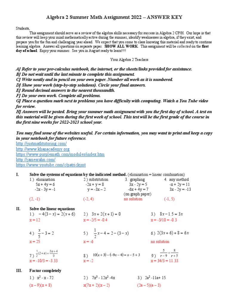 Algebra 2 Summer Math Assignment 2022 Review and Practice Problems ...