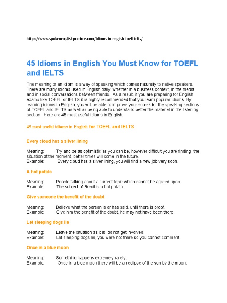 Common Idioms Found in The Listening Section of The TOEFL Test | PDF ...