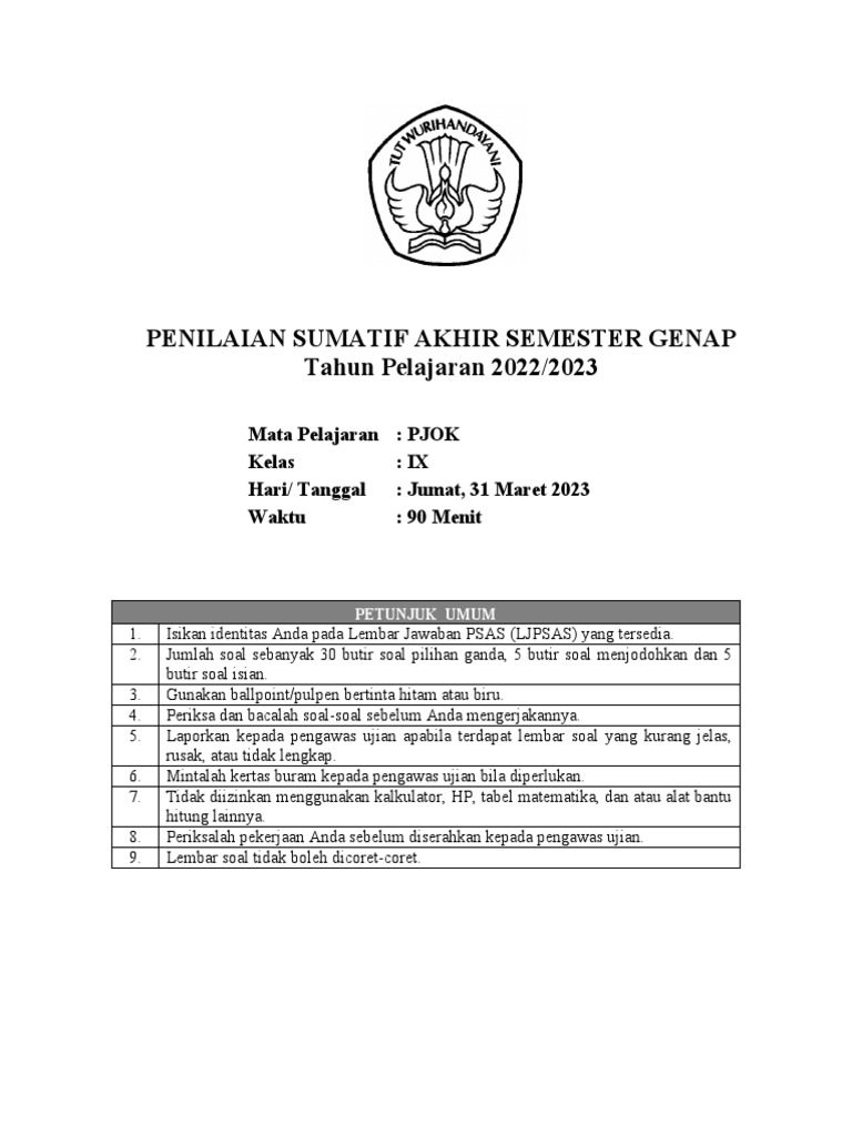 Kop SBK Penilaian Sumatif Akhir Semester | PDF