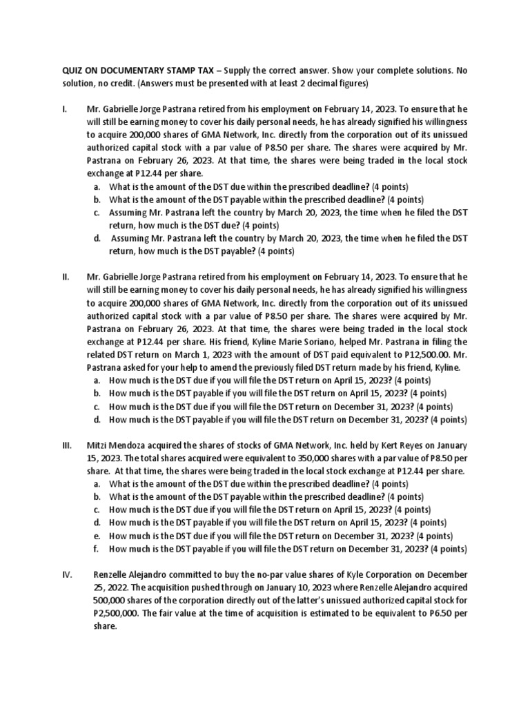 Documentary Stamp Tax Quiz | PDF | Stocks | Corporations