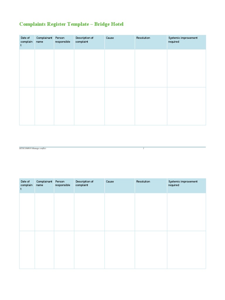Complaints Register Template for Hotels | PDF