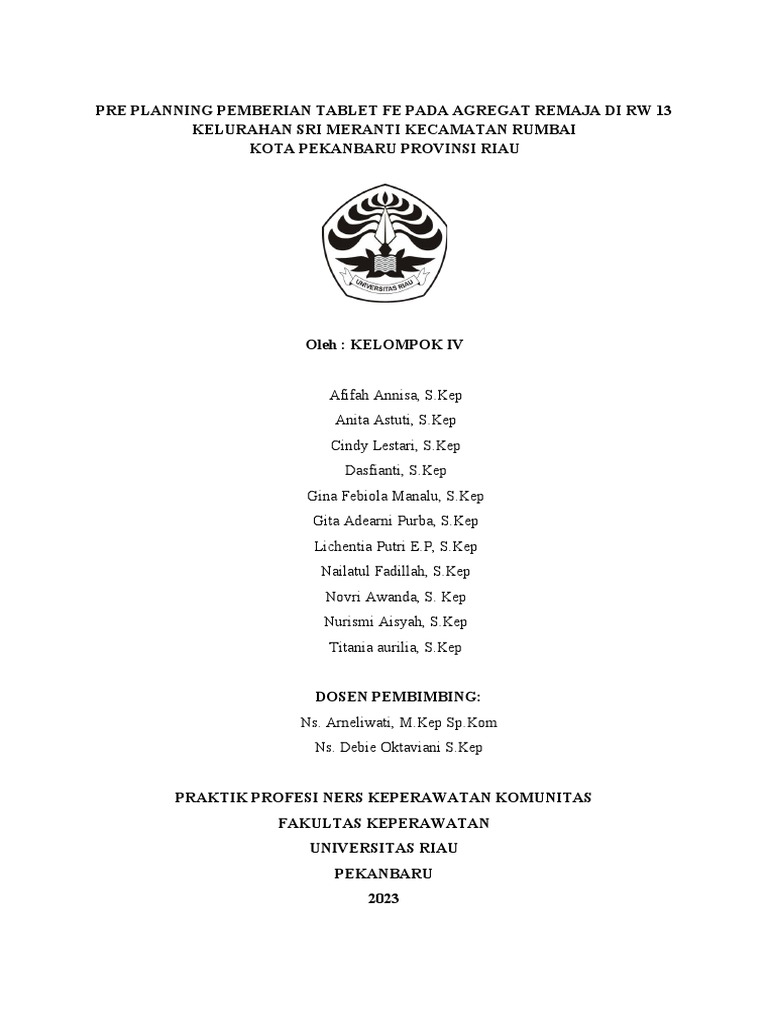 Pre Planning Pemberian Tablet Fe Pada Agregat Remaja Di RW 13 Kelurahan ...