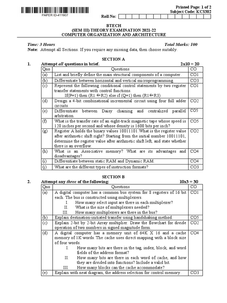 Btech Cs 3 Sem Computer Organization and Architecture kcs302 2022 | PDF | Bit | Computer ...