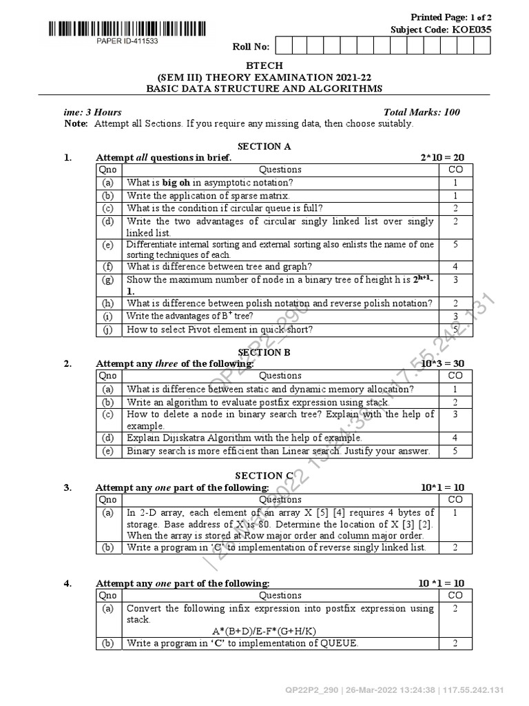 Btech Oe 3 Sem Basic Data Structure And Algorithms Koe035 2022 Pdf Computer Science
