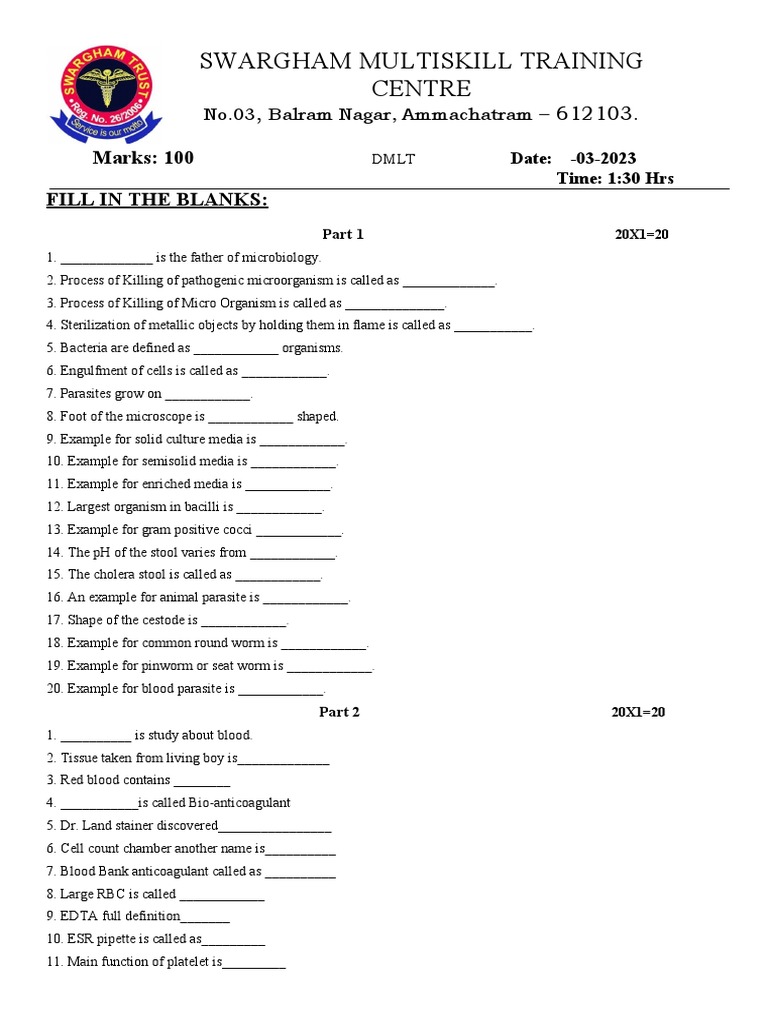 Dmlt 2023 Pdf White Blood Cell Blood