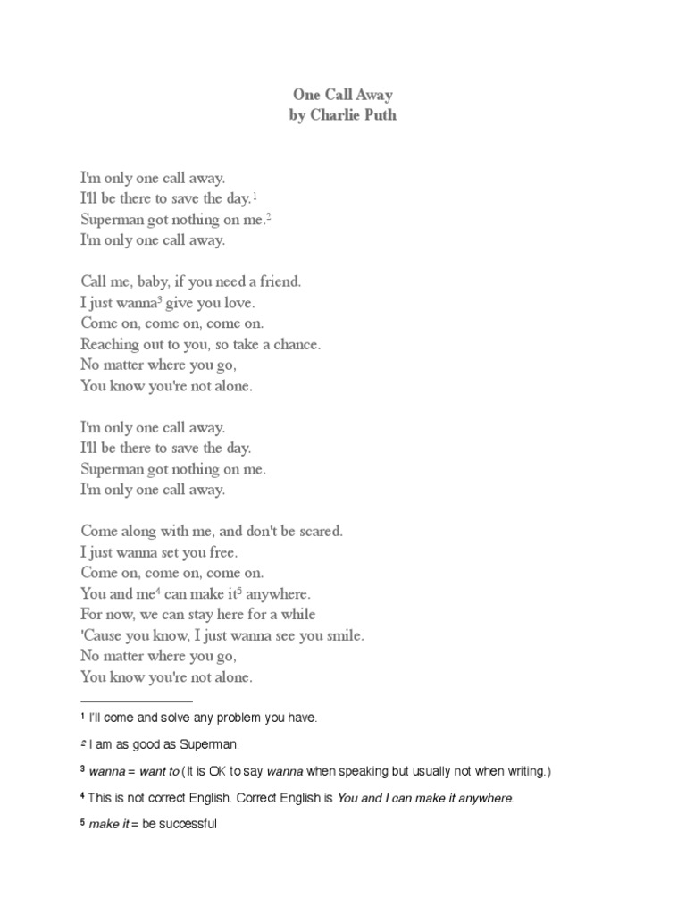 One Call Away Lyrics New | PDF