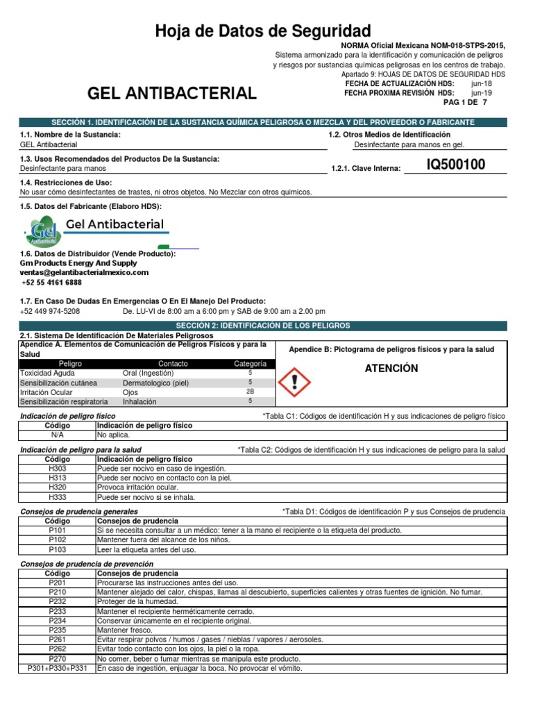 Hoja de Datos de Seguridad para Gel Antibacterial | PDF | Agua | Etanol
