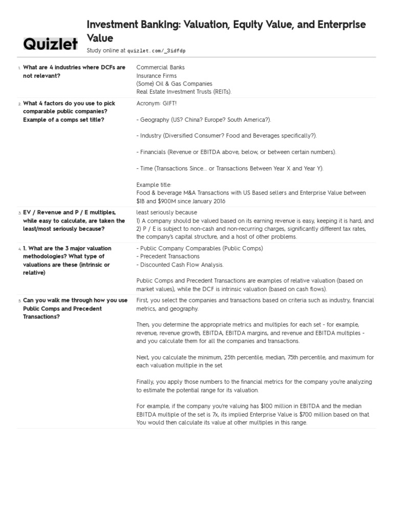 Investment Banking Valuation - Equity Value - and Enterprise Value ...
