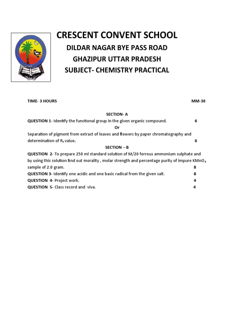 Chemistry Practical Question Paper | PDF