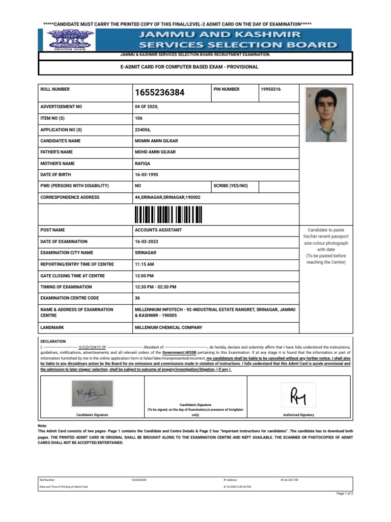 Admit Card (JKSSB) - 2023 | PDF | Identity Document | Computing