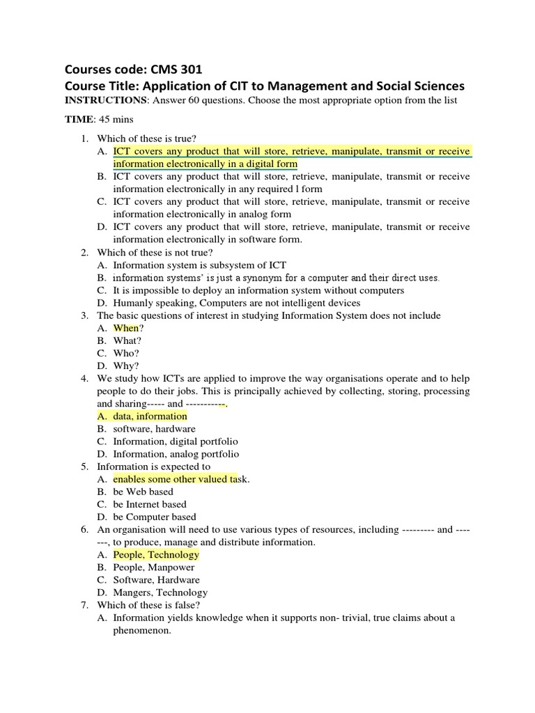 Cms 301 Exam - Past Questions-1 | PDF | Computer Network | Information System