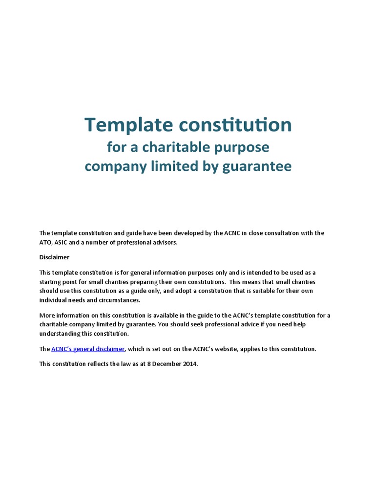 Template Constitution For A Charitable Purpose Company Limited by ...
