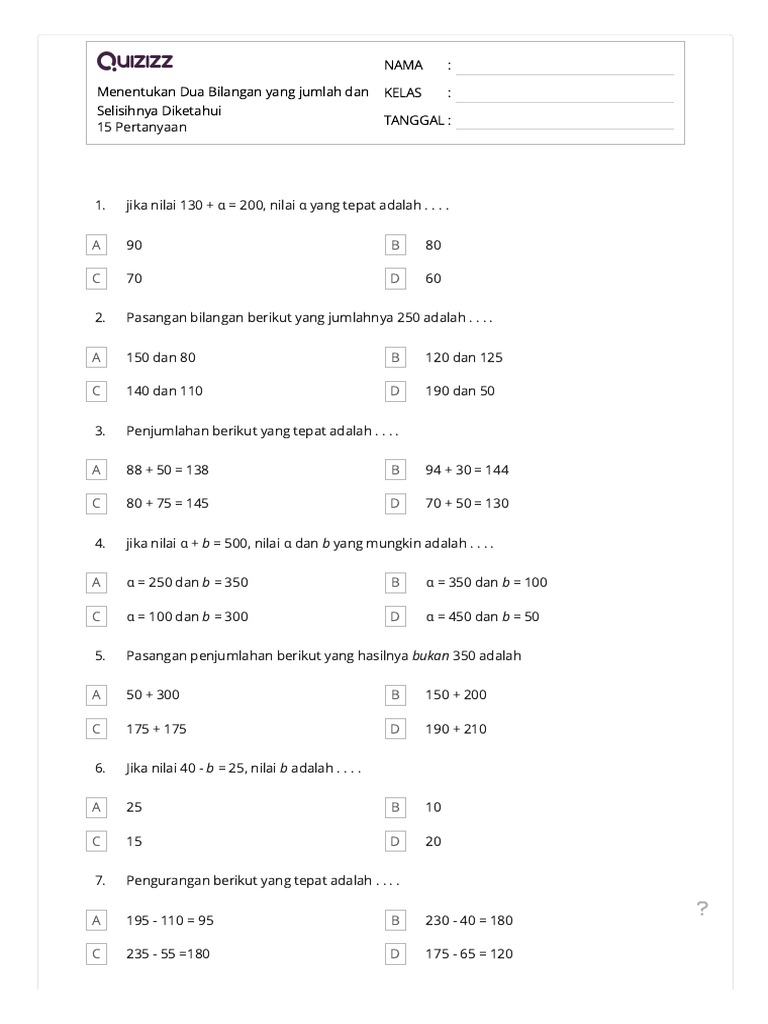Menentukan Dua Bilangan Yang Jumlah Dan Selisihnya Diketahui | PDF
