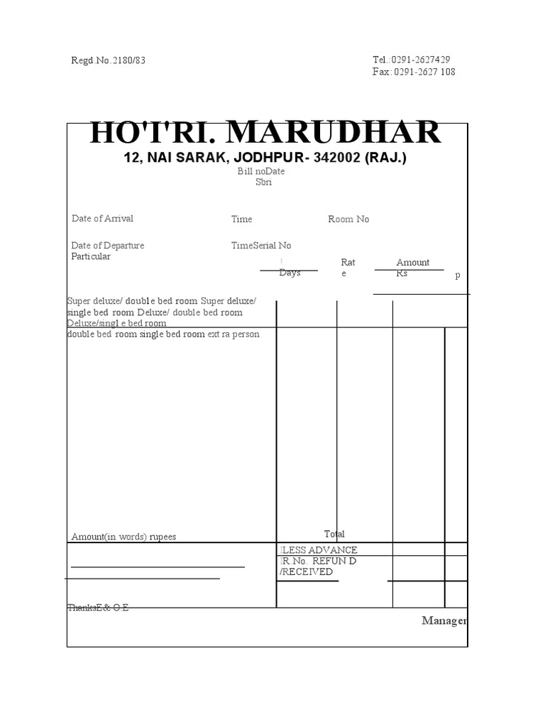 Jodhpur Hotel Bill Format | PDF