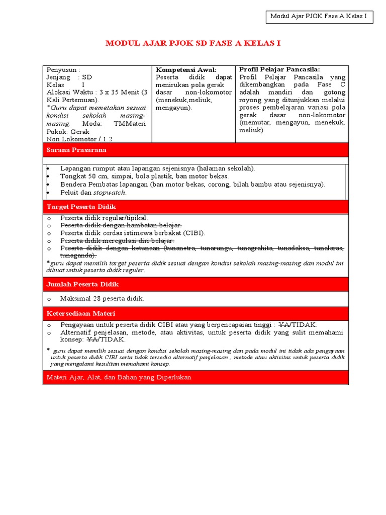 MODUL AJAR FASE A KELAS 1 Diponegoro (Non Lokomotor) | PDF