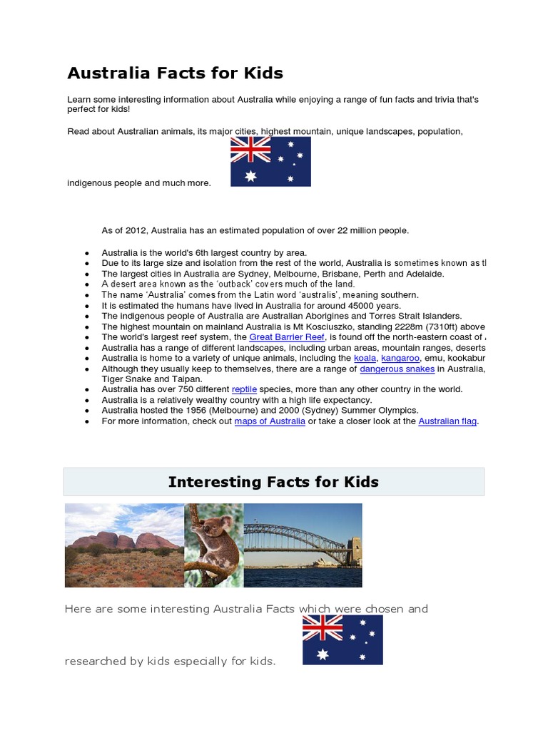 Australia Facts For Kids | PDF | Australia | Fauna Of Australia