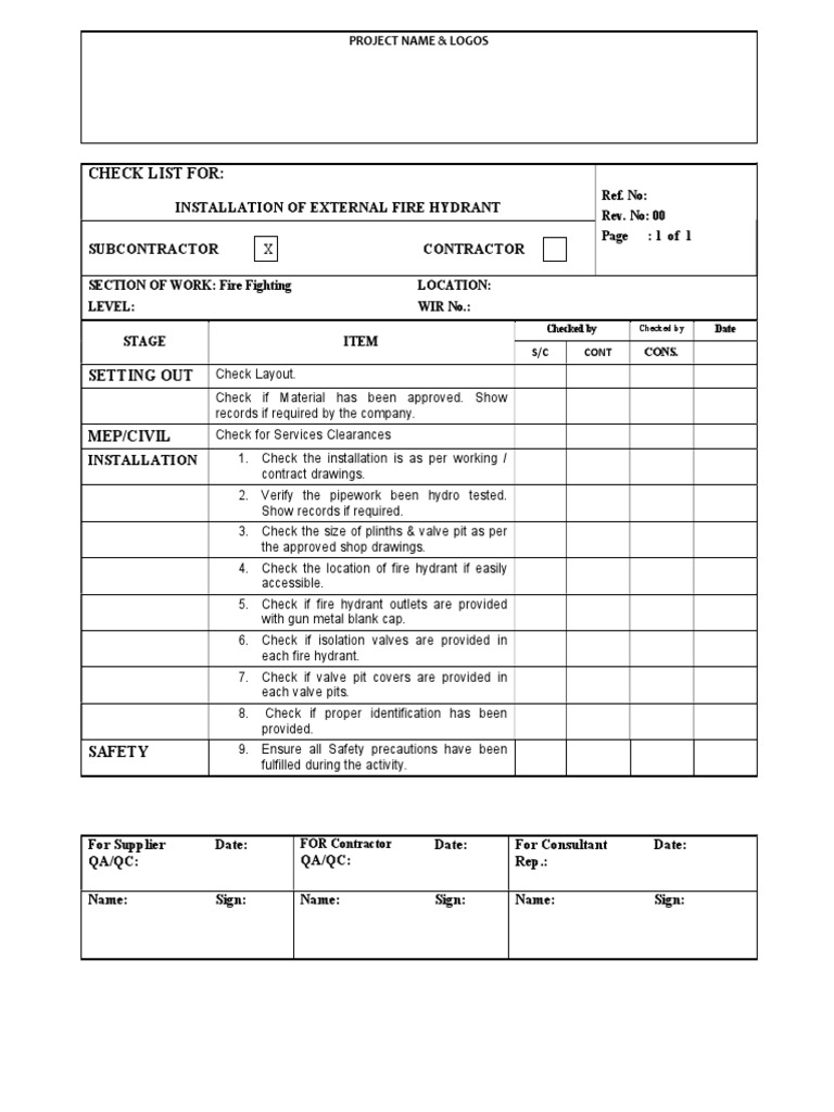 Check List For Installation of External Fire Hydrant PDF | PDF