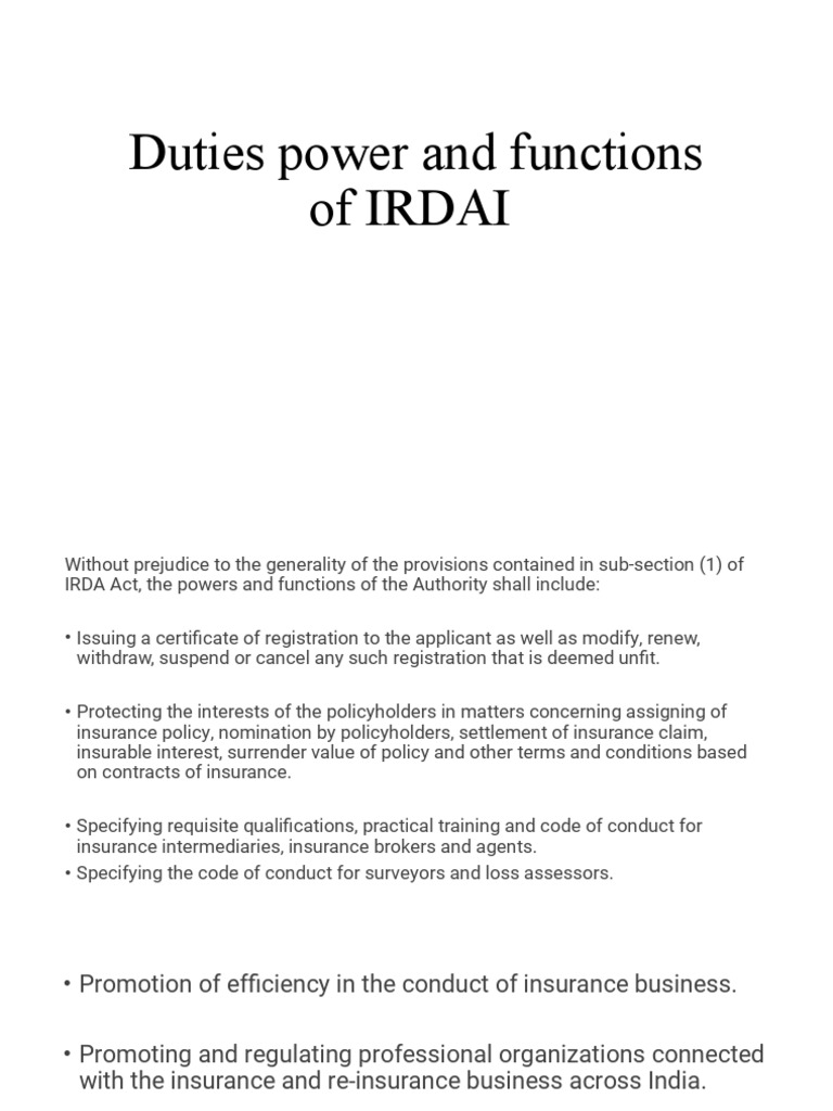 Duties and power of IRDAI.pptx | PDF | Insurance | Service Industries