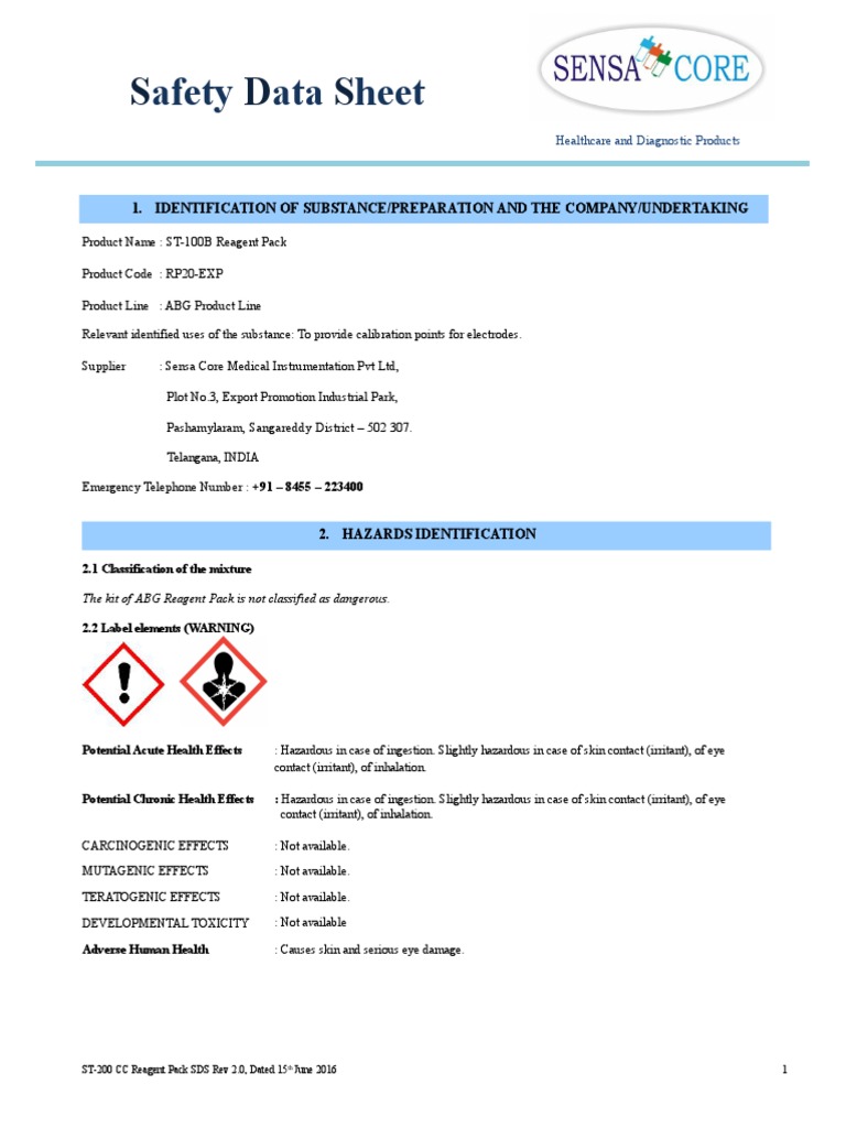 ST-100B Reagent Pack Safety Data Sheet | PDF | Dangerous Goods | Toxicity