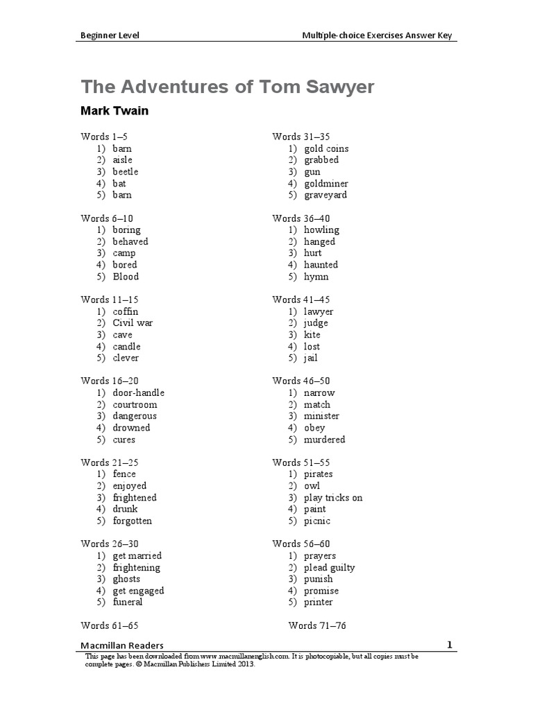 Adventures of Tom Sawyer Wordlist Answer Key | PDF
