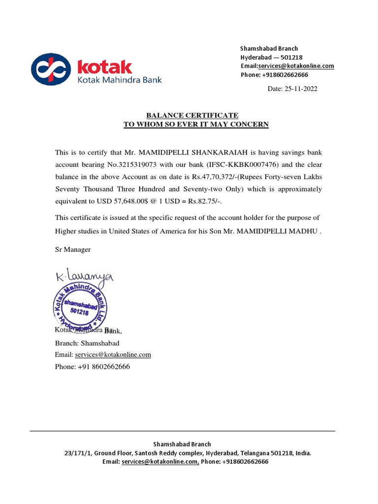 Madhu Balance Certificate | PDF