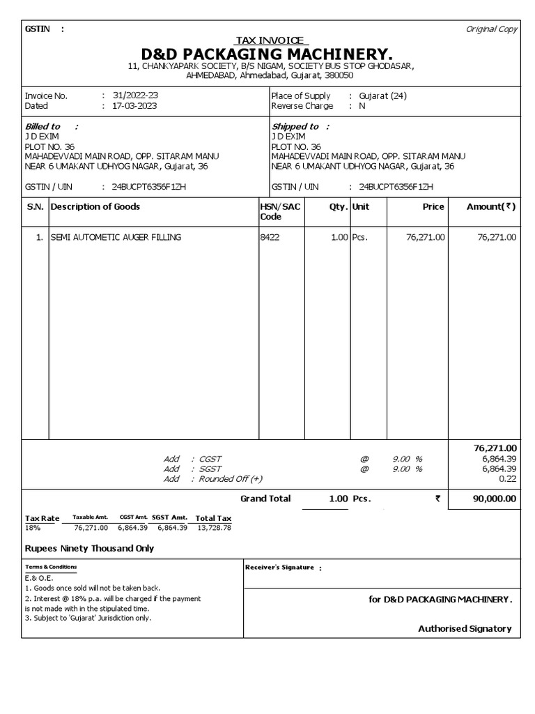 D&D Packaging Machinery.: Tax Invoice | PDF | Government | Public Finance