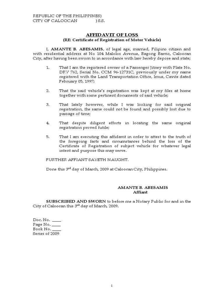 Affidavit of Loss: Vehicle Registration | PDF