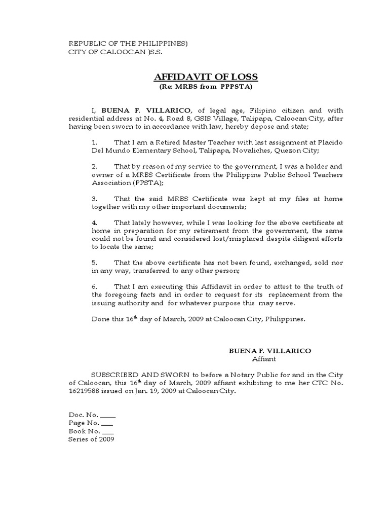 Affidavit of Loss MRBS From Ppsta | PDF