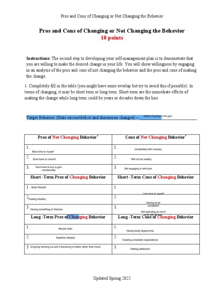 2 Pros and Cons of Changing or Not Changing The Behavior 2 PDF ...